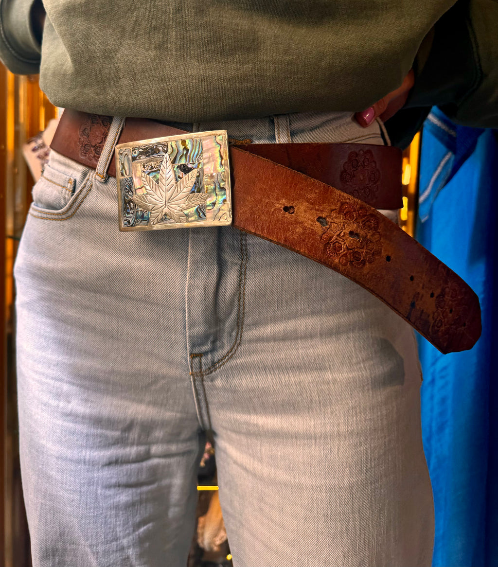 Mexican Leather Belt with Marijuana Leaf Buckle – Shop Divine Vintage